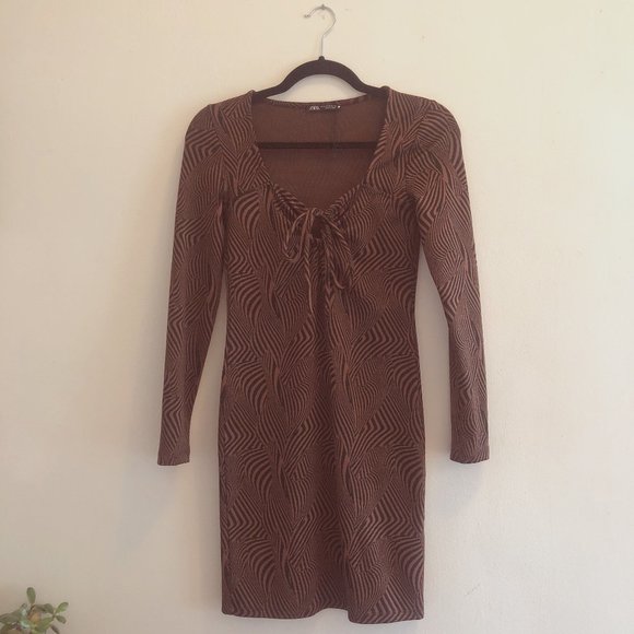 Dresses | Zara Bodycon Dress Long Sleeve Brown And Black | Poshmark